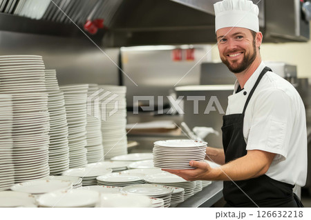 Chef stacking clean plates in professional...のイラスト素材 [126632218] - PIXTA