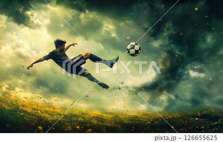 Dynamic soccer player executing a bicycle kick...のイラスト素材 [126655625 ...