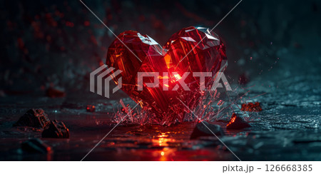 Shattered Red Crystal Heart on Dark Reflective...のイラスト素材 [126668385 ...