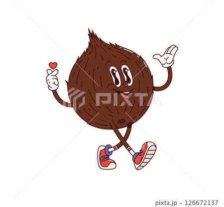 Groovy cartoon coconut nut character with love...のイラスト素材 [126672137 ...