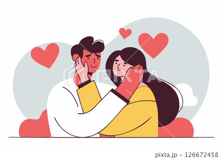 Romantic couple embracing with floating hearts,...のイラスト素材 [126672458 ...