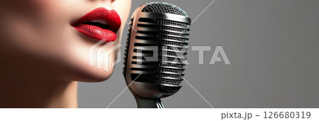 Close up of red lips passionately singing into...のイラスト素材 [126680319 ...