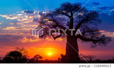 A towering baobab tree silhouetted against a...のイラスト素材 [126690023] - PIXTA
