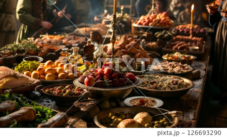 A medieval feast with traditional foods creates...のイラスト素材 [126693290 ...