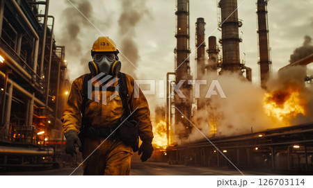 A refinery worker in a hazmat suit and gas mask...のイラスト素材 [126703114 ...