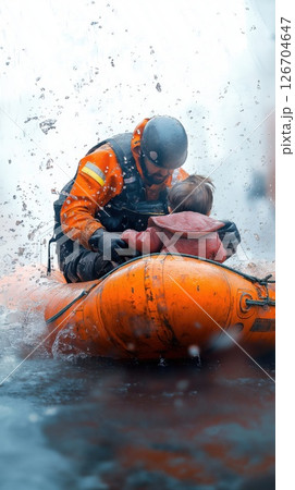 Rescue worker assists mother and child onto...のイラスト素材 [126704647] - PIXTA