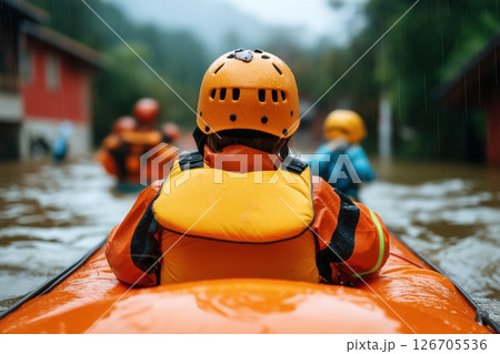 Rescue worker assists family during flood...のイラスト素材 [126705536] - PIXTA