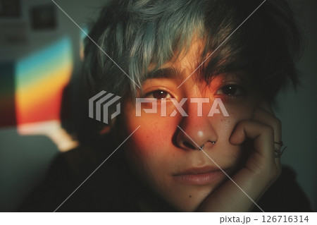 Intense Gaze of a Person with Vibrant Hair and...のイラスト素材 [126716314 ...