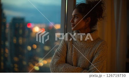 Pensive Woman Looking Out Window with City...のイラスト素材 [126719730] - PIXTA