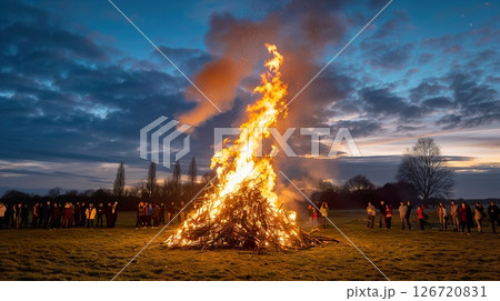 A large bonfire burns brightly in a field...のイラスト素材 [126720831] - PIXTA