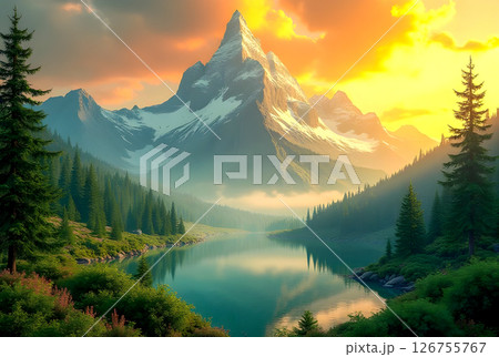 sunrise in the mountainsのイラスト素材 [126755767] - PIXTA