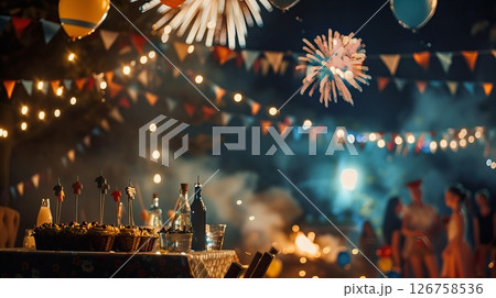 A festive outdoor party scene at night with...のイラスト素材 [126758536] - PIXTA