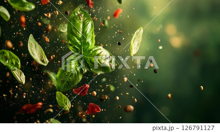Fresh Basil and Spices in Motion Against Dark...のイラスト素材 [126791127] - PIXTA