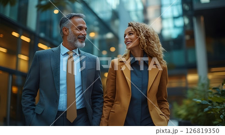 two executives walking together and talking in...のイラスト素材 [126819350 ...
