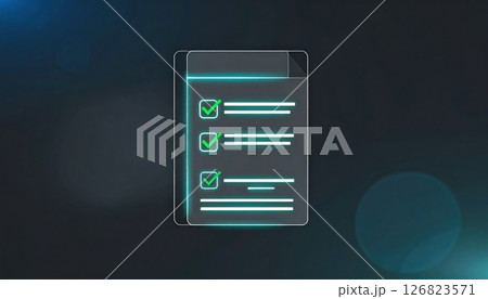 A glowing digital checklist displays completed...のイラスト素材 [126823571 ...