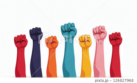Fists of different colors raised in the air,...のイラスト素材 [126827968] - PIXTA