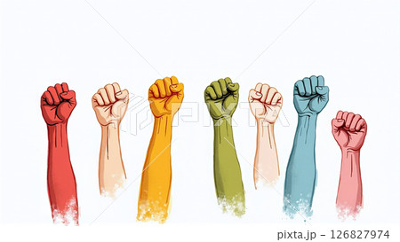 Fists of different colors raised in the air,...のイラスト素材 [126827974] - PIXTA