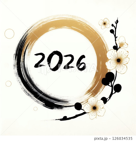 2026 Zen Ink Circle with Gold floral Blossom...のイラスト素材 [126834535] - PIXTA