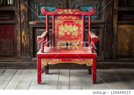 Antique Chinese Red Chair with Golden Ornate...のイラスト素材 [126849523] - PIXTA