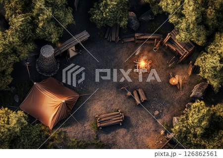 Top-down battle map of a forest bandit camp...のイラスト素材 [126862561] - PIXTA