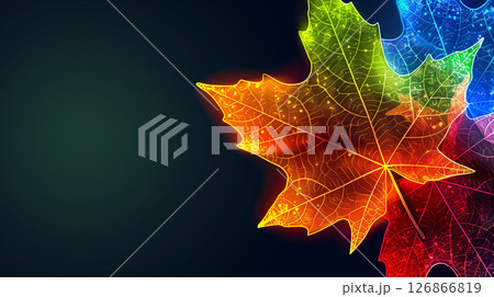 Colorful neon maple leaves on a dark background...のイラスト素材 [126866819 ...