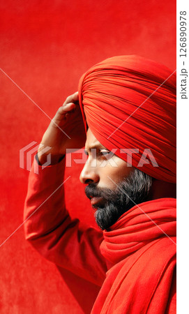 Man wearing vibrant red turban and shawl poses...のイラスト素材 [126890978 ...