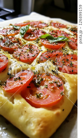 Freshly baked focaccia displays vibrant slices...のイラスト素材 [126899159 ...