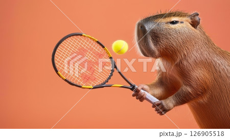 A capybara playing tennis, showcasing a fun and...のイラスト素材 [126905518 ...