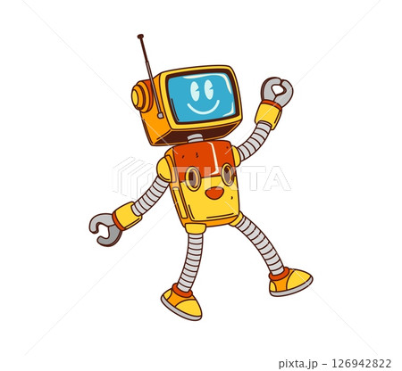 Cartoon groovy robot character with yellow boxy...のイラスト素材 [126942822 ...