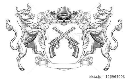 Cowboy Skull Guns Crest Coat of Arms Shield Designのイラスト素材 [126965008 ...