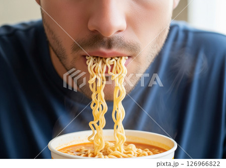 Close-up of a person slurping hot, steamy...のイラスト素材 [126966822] - PIXTA