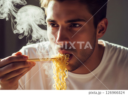 Close-up of a person slurping hot, steamy...のイラスト素材 [126966824] - PIXTA