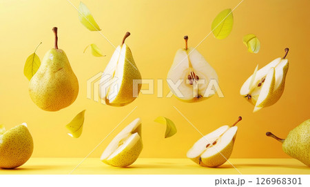 Fresh pear slices float in a vibrant yellow...のイラスト素材 [126968301] - PIXTA