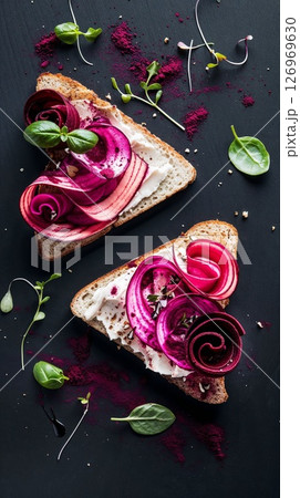 Top-down view of artistic beetroot ribbons on...のイラスト素材 [126969630] - PIXTA