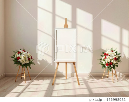 empty portrait frame on easel with funeral...のイラスト素材 [126998981] - PIXTA