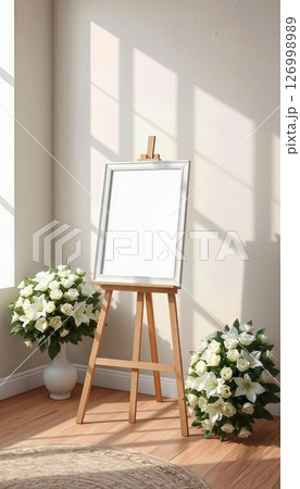 empty portrait frame on easel with funeral...のイラスト素材 [126998989] - PIXTA