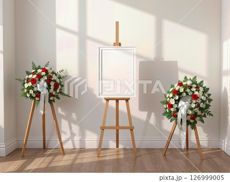 empty portrait frame on easel with funeral...のイラスト素材 [126999005] - PIXTA
