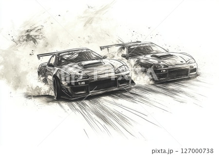 Dynamic racing cars drift around a corner on a...のイラスト素材 [127000738 ...