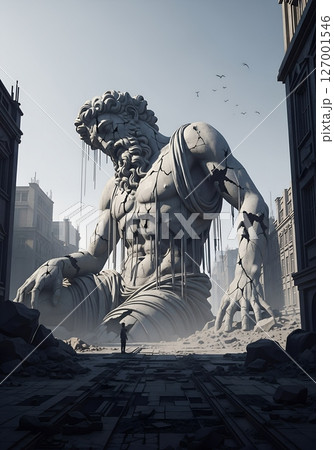 Colossal destroyed statue amidst city ruins,...のイラスト素材 [127001546] - PIXTA