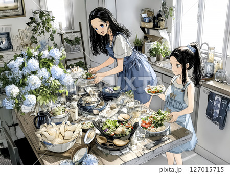 ママと一緒に料理の盛り付けをする子供のイラスト素材のイラスト素材 [127015715] - PIXTA
