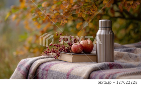 Autumn picnic features a blanket, thermos,...のイラスト素材 [127022228] - PIXTA