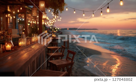 Beach Bar at Sunset with String Lightsのイラスト素材 [127048802] - PIXTA