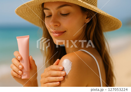Young Woman Applying SPF Cream on Shoulder on...のイラスト素材 [127053224] - PIXTA