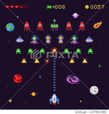 Space invaders game. Spaceship battle retro...のイラスト素材 [127062388] - PIXTA