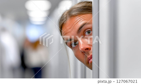 Young man peeking around a corner in a modern...のイラスト素材 [127067021] - PIXTA