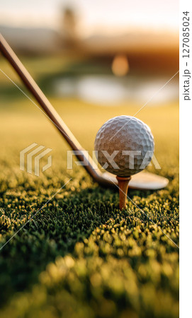Family Golf Month. Golf club poised above a tee...のイラスト素材 [127085024 ...