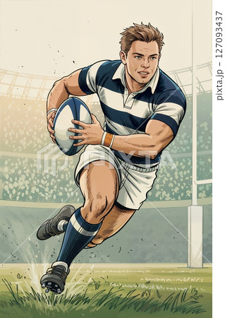 Rugby player with rugby ball in action. Cartoon...のイラスト素材 [127093437 ...