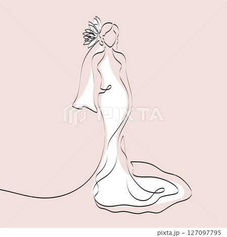 Continuous line drawing of a girl in a wedding...のイラスト素材 [127097795 ...