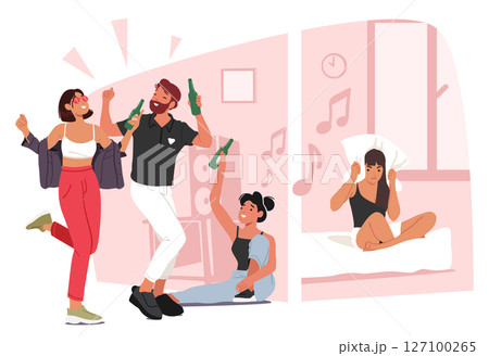 Woman suffering from loud party of friends in...のイラスト素材 [127100265] - PIXTA