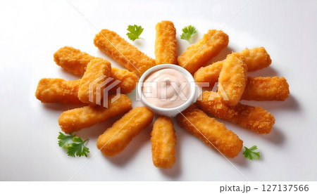 Golden Fish Sticks Arranged Around a Bowl of Dipのイラスト素材 [127137566] - PIXTA